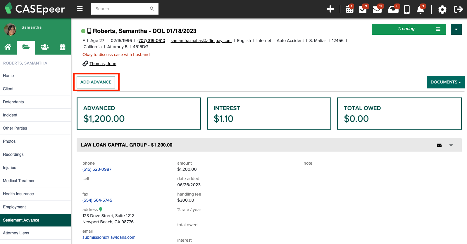 Add a Settlement Advance – CASEpeer