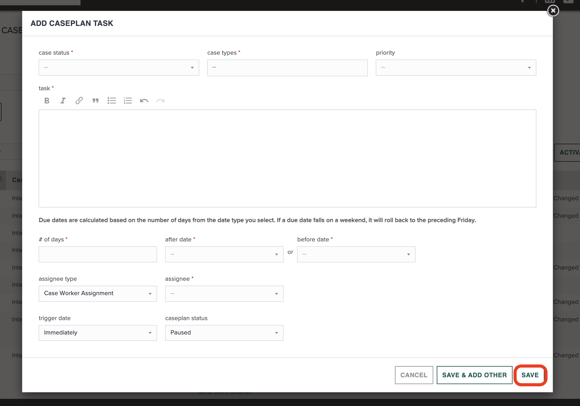 Add a New CASEplan Task – CASEpeer