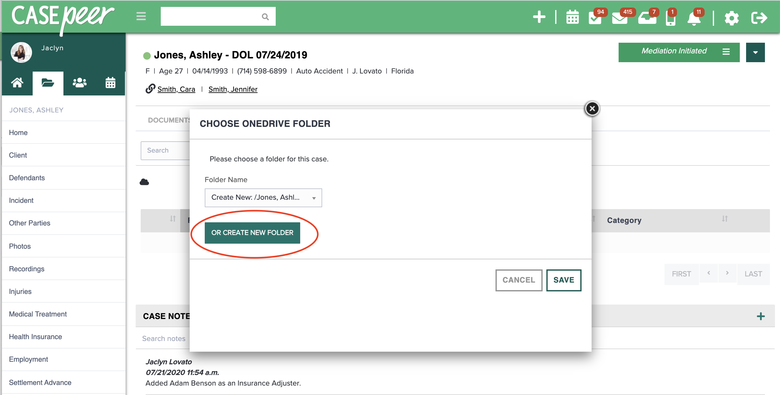 Create a New OneDrive Folder for a Case – CASEpeer