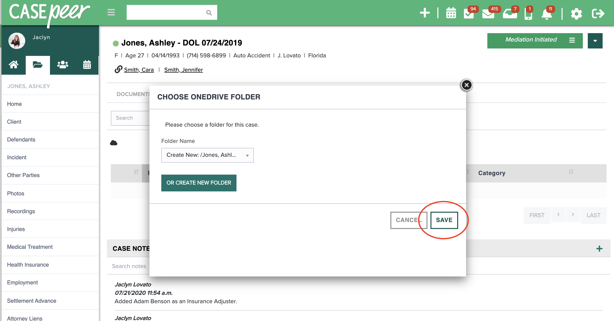 Create a New OneDrive Folder for a Case – CASEpeer
