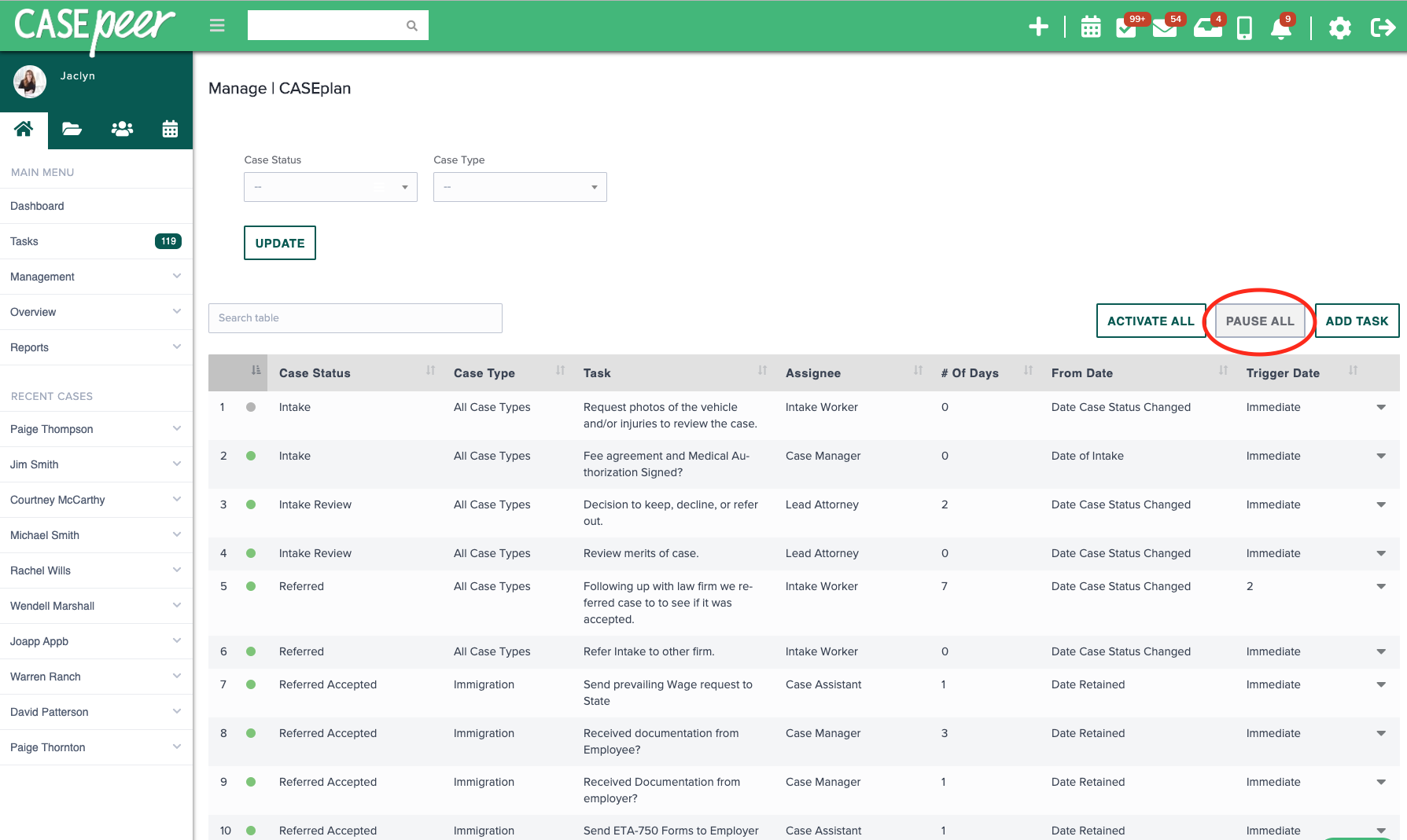 Pause CASEplan Tasks – CASEpeer