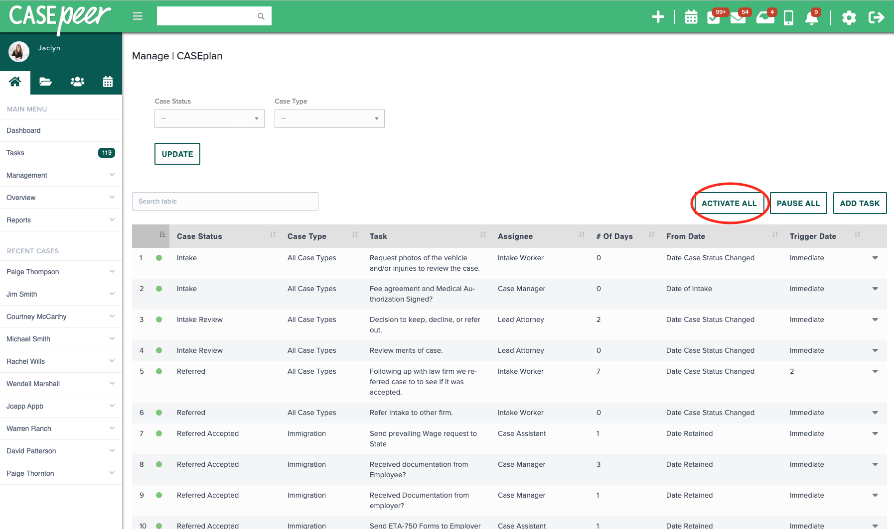 Activate CASEplan Tasks – CASEpeer