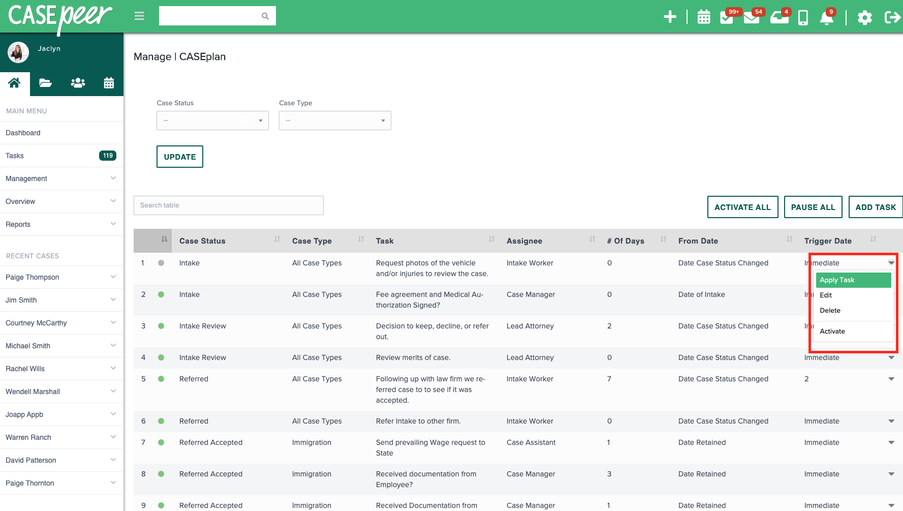 Apply Tasks to Cases – CASEpeer