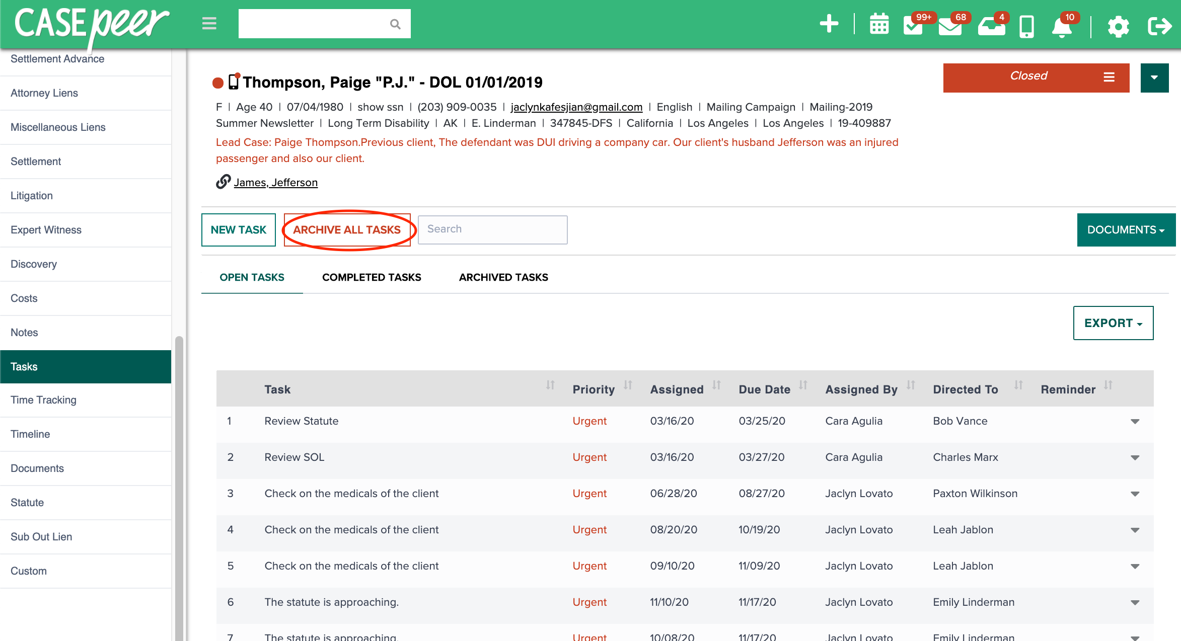 Archive All Case Tasks – CASEpeer