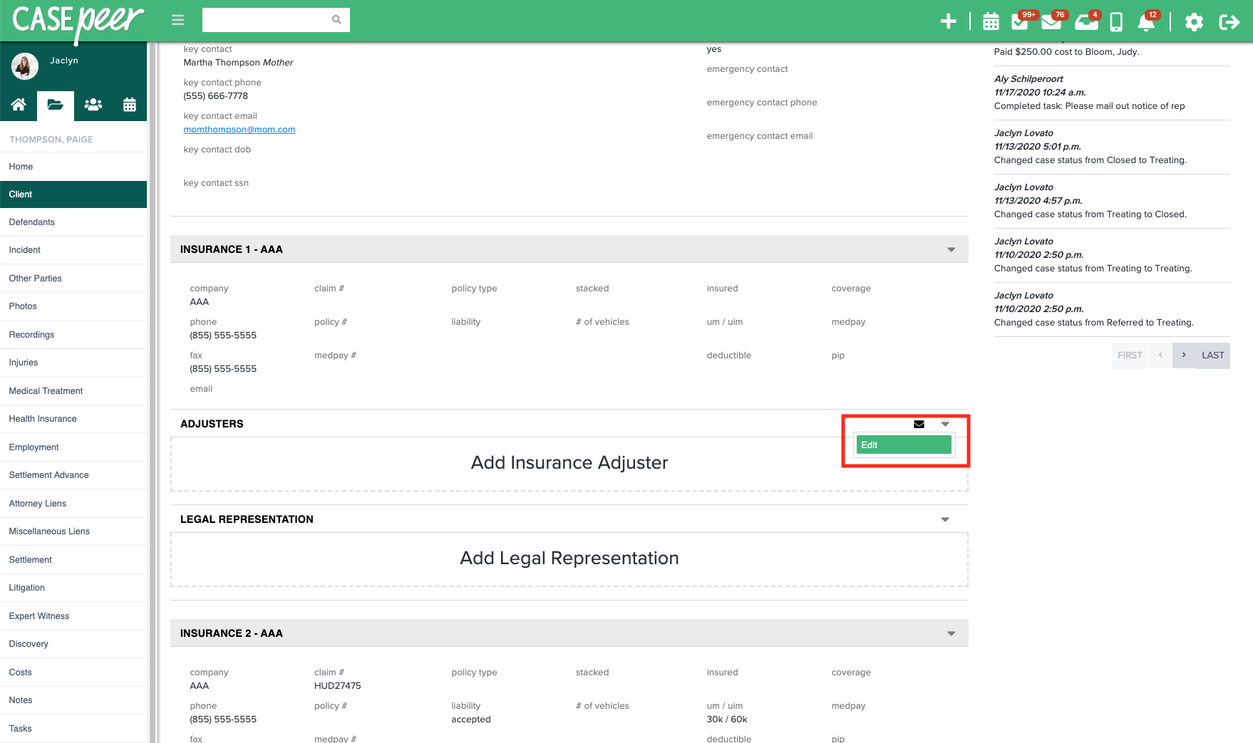 Add Adjusters to a Client Insurance – CASEpeer