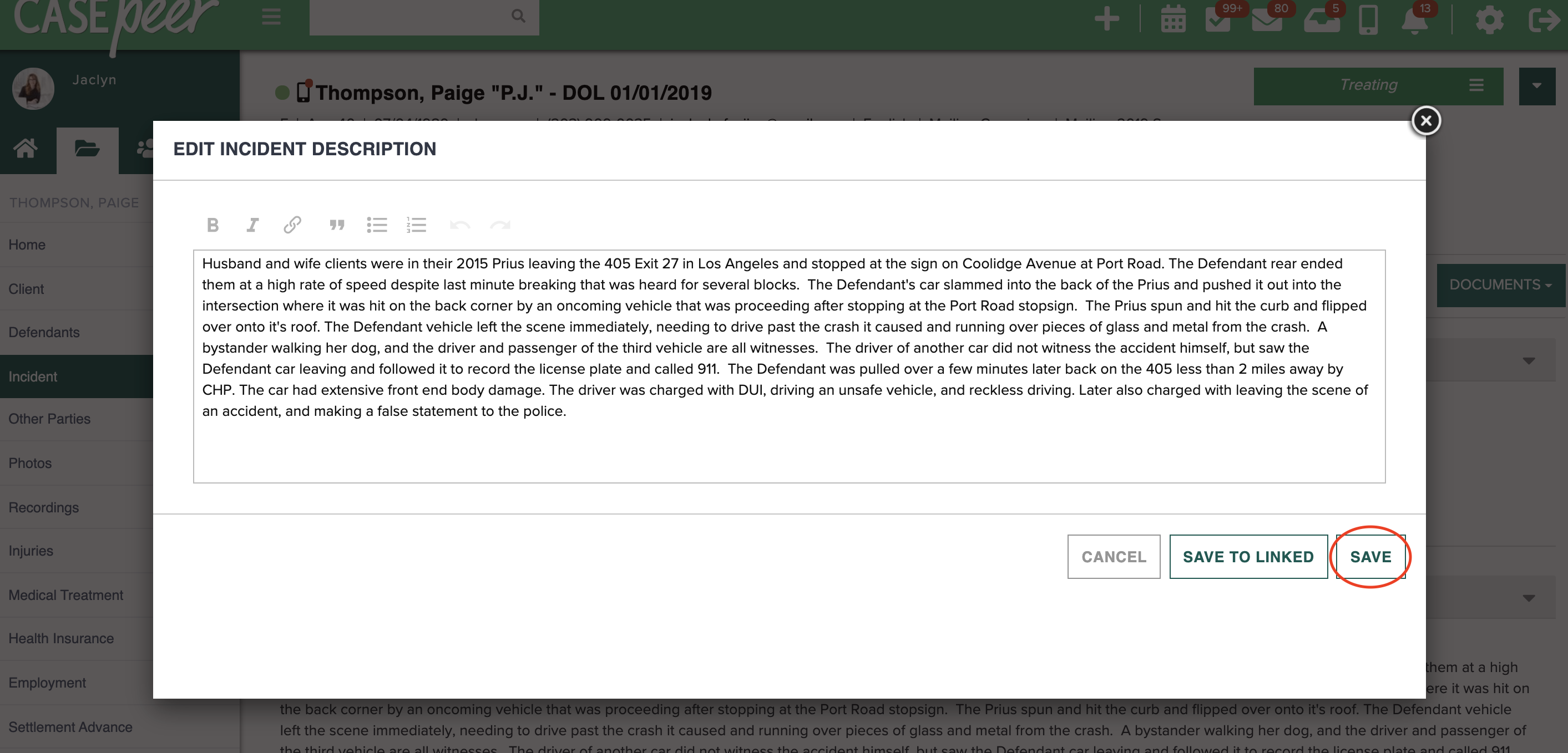 Edit Incident Description – CASEpeer