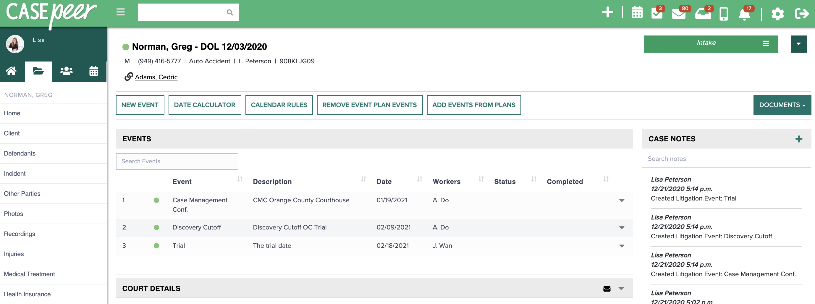 Add Litigation Event Plan Events to a Case – CASEpeer