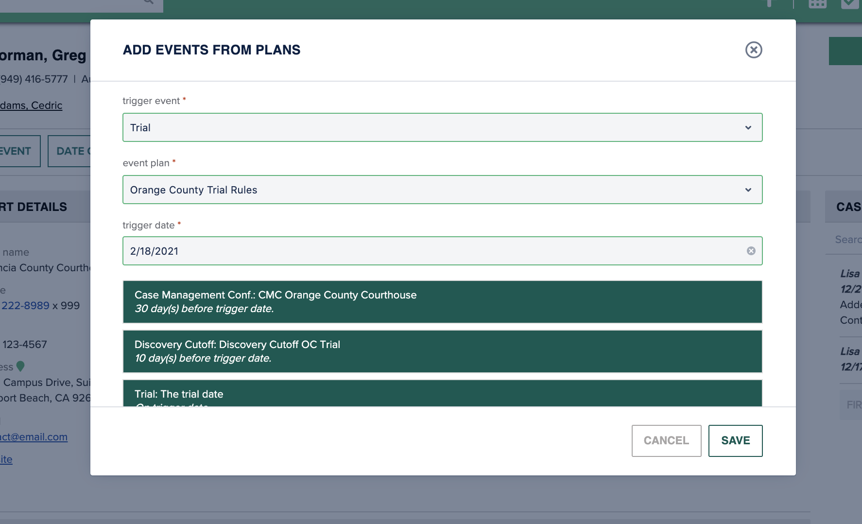Add Litigation Event Plan Events to a Case – CASEpeer