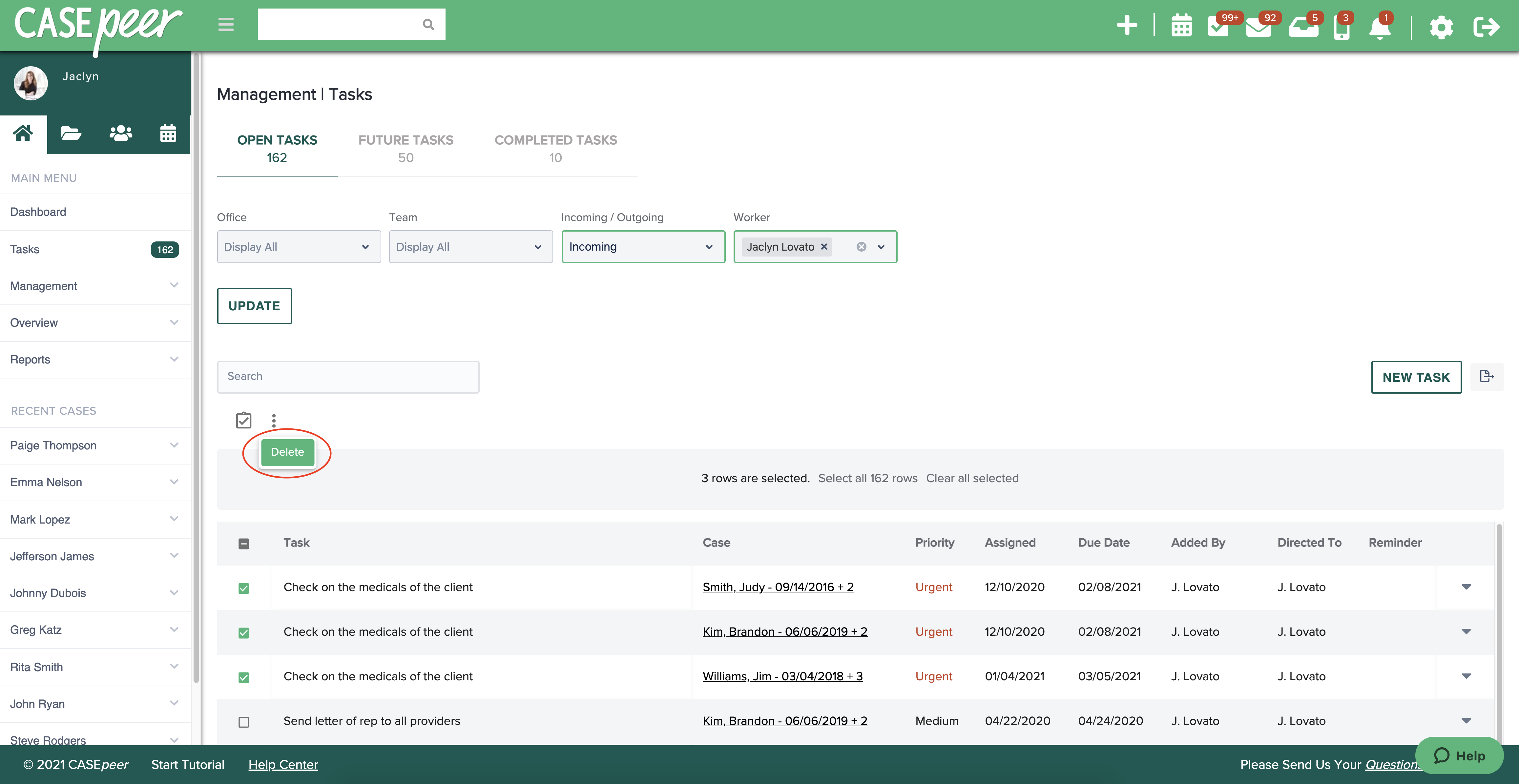 Delete Multiple Tasks At Once From Task Management Screen – CASEpeer