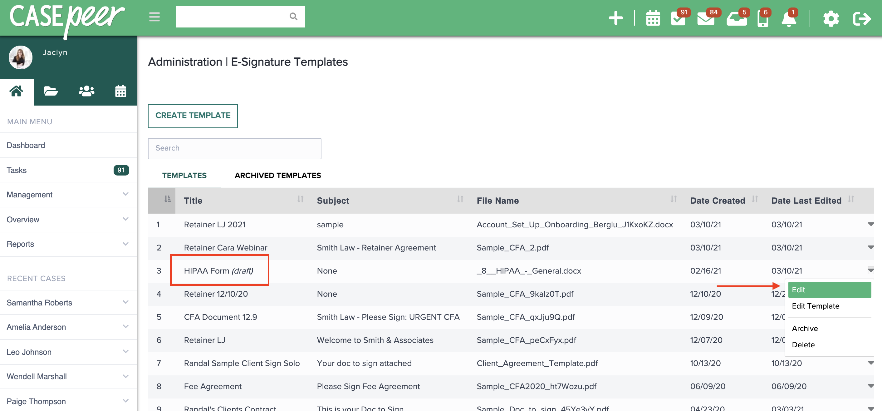 Create an E-Signature Template – CASEpeer