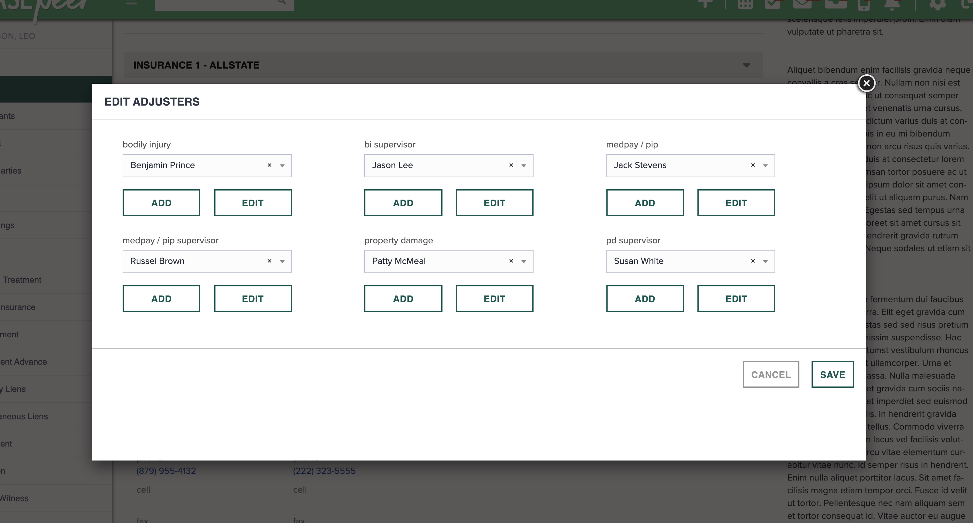 Edit Adjusters on a Client Insurance – CASEpeer