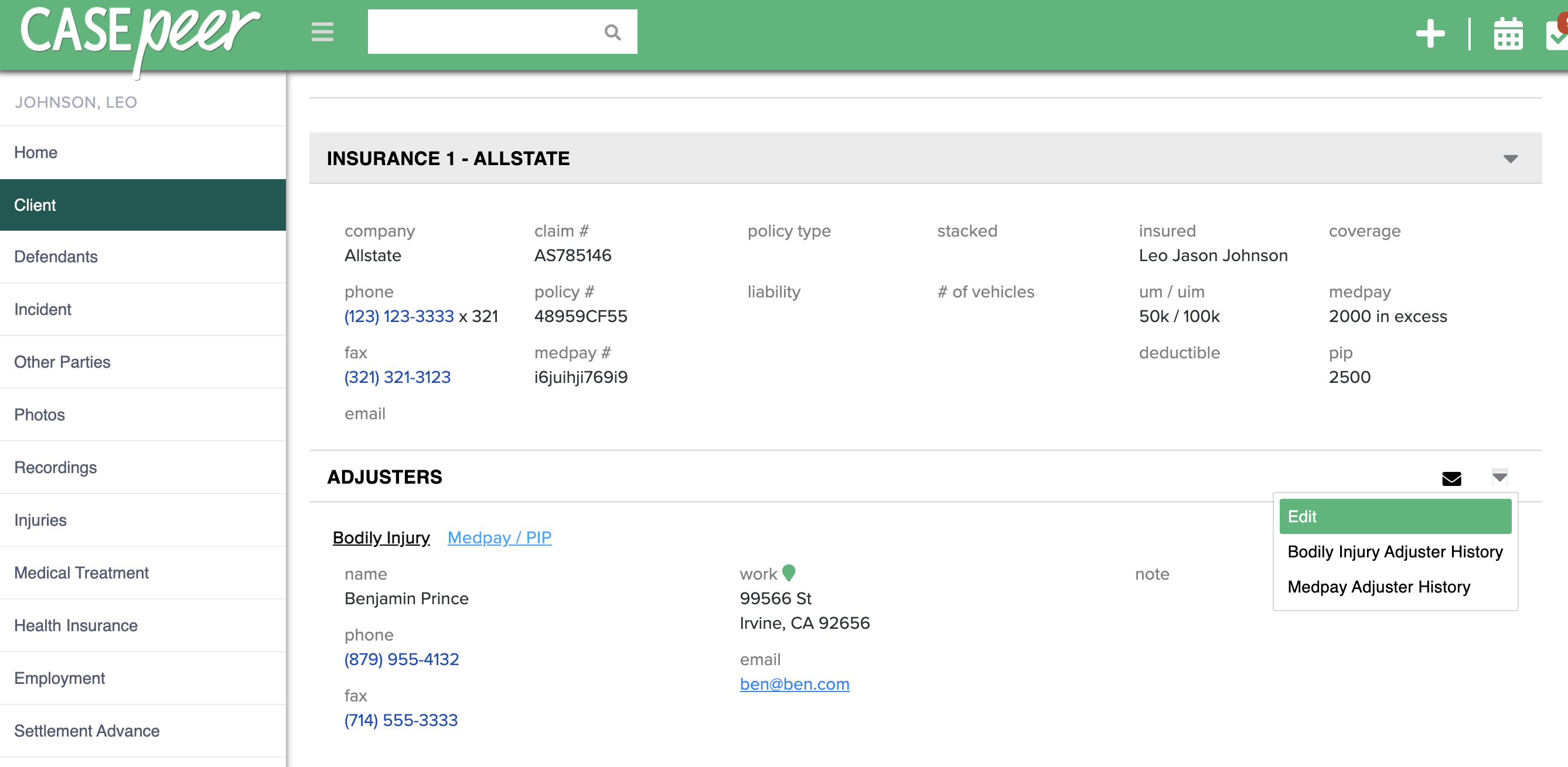 Edit Adjusters on a Client Insurance – CASEpeer