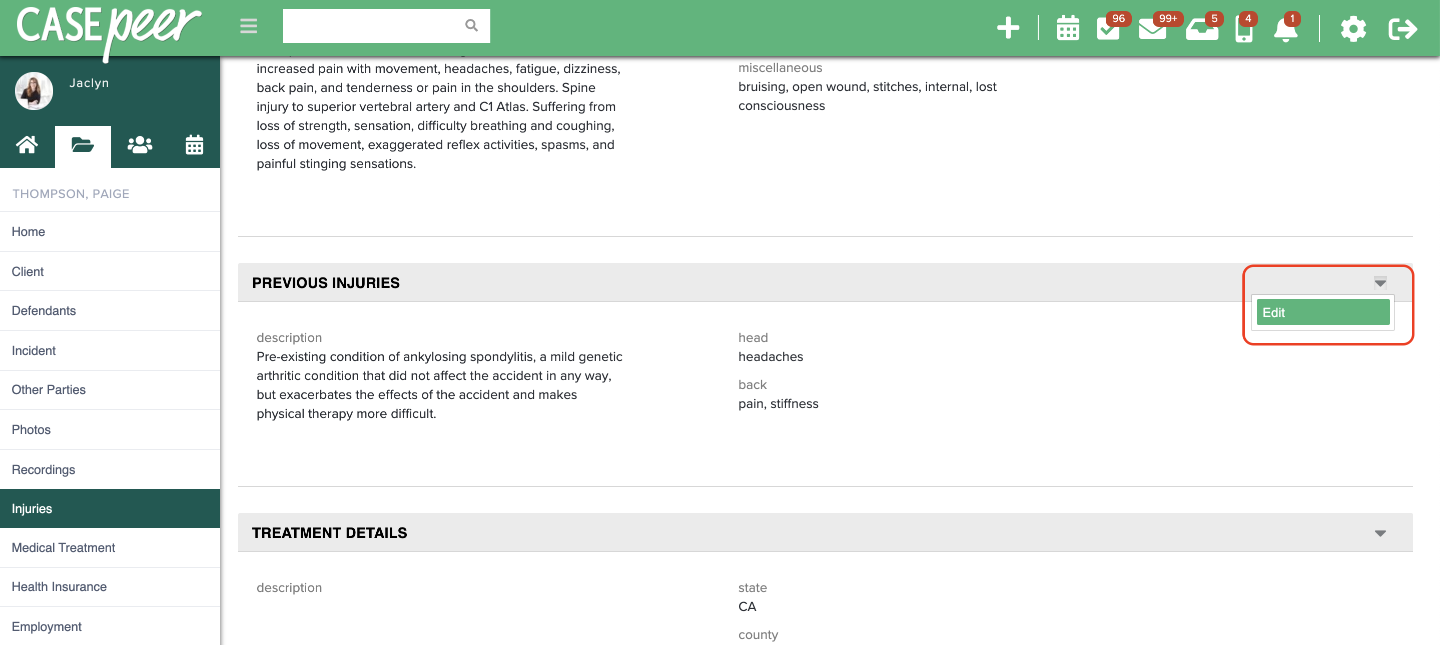 Edit Previous Injuries – CASEpeer