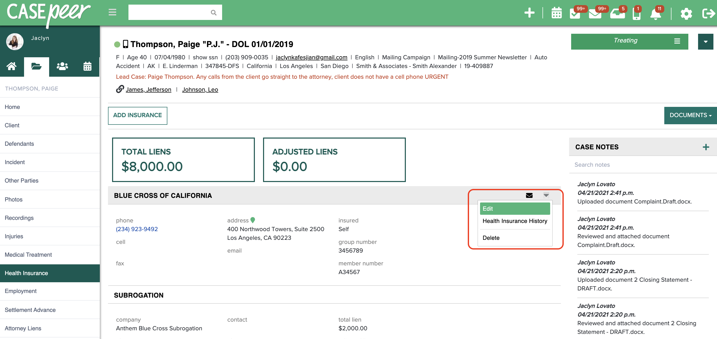 Edit Subrogation Information – CASEpeer