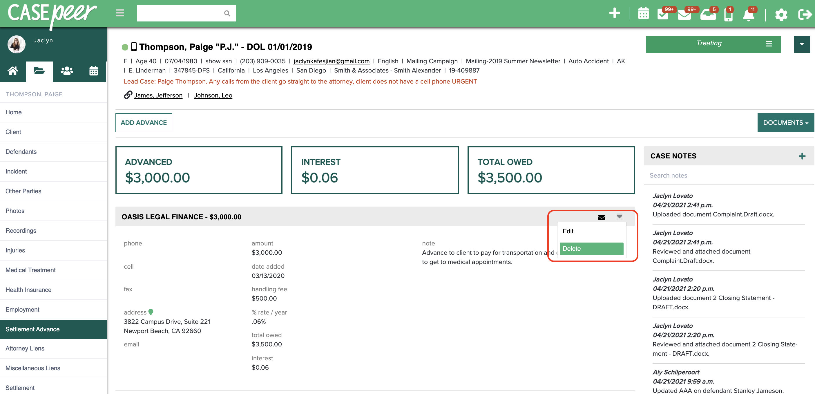 Delete Settlement Advance – CASEpeer