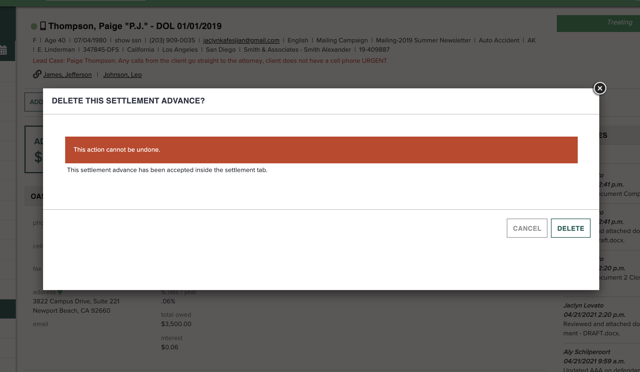 Delete Settlement Advance – CASEpeer