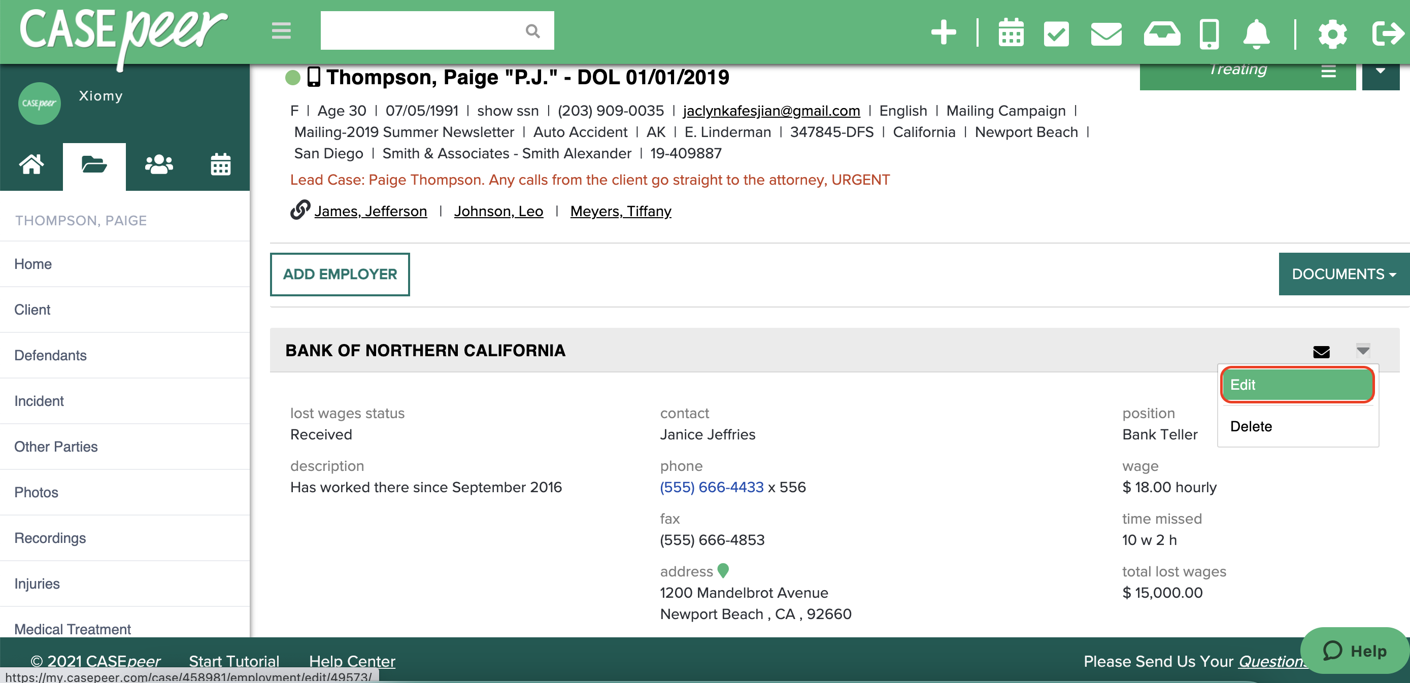 Edit Workers Compensation Information – CASEpeer