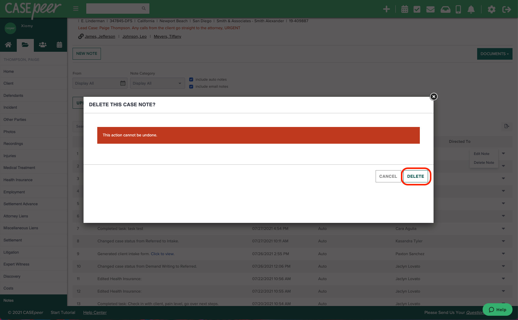 Delete a Case Note – CASEpeer
