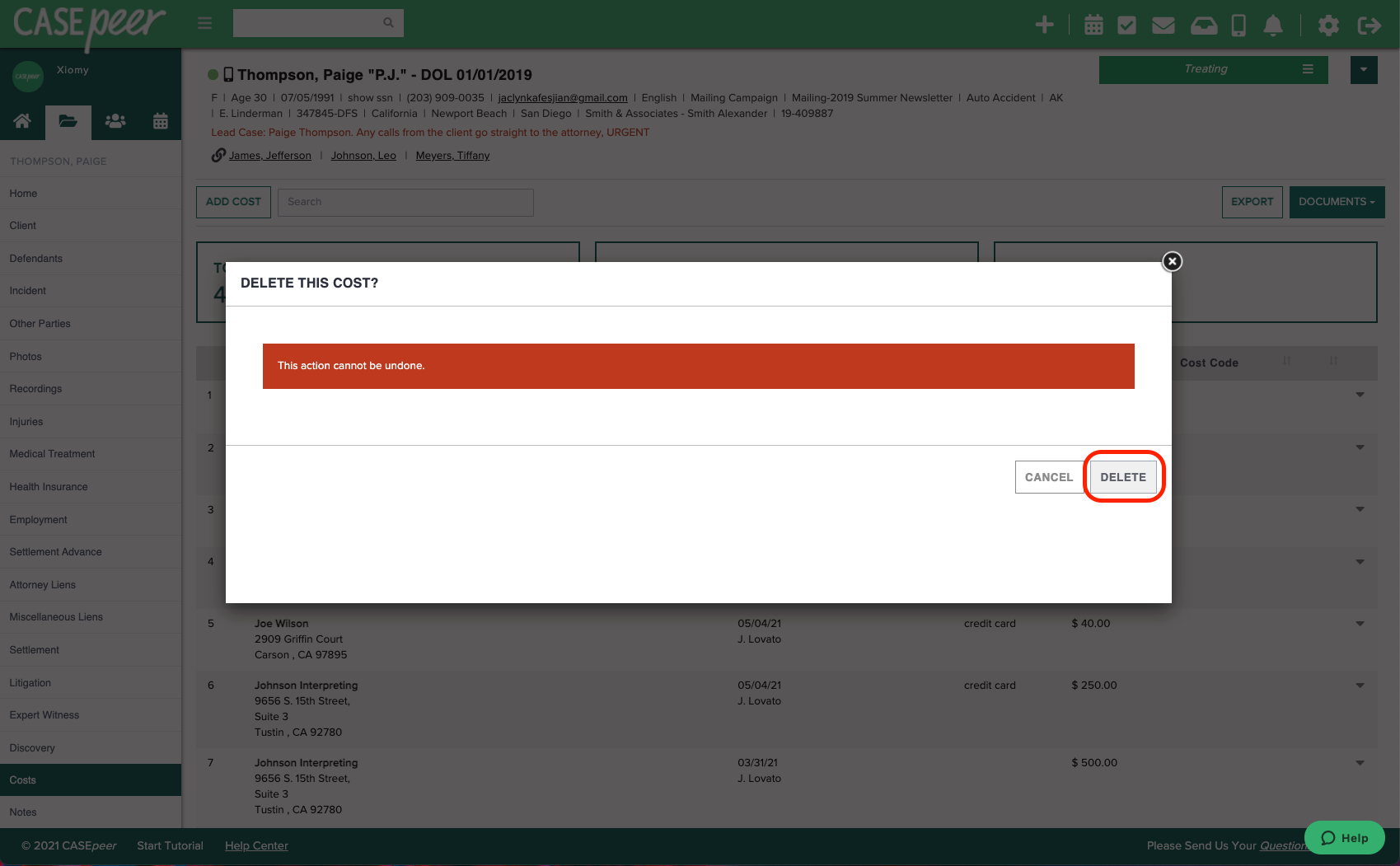 Delete a Cost – CASEpeer
