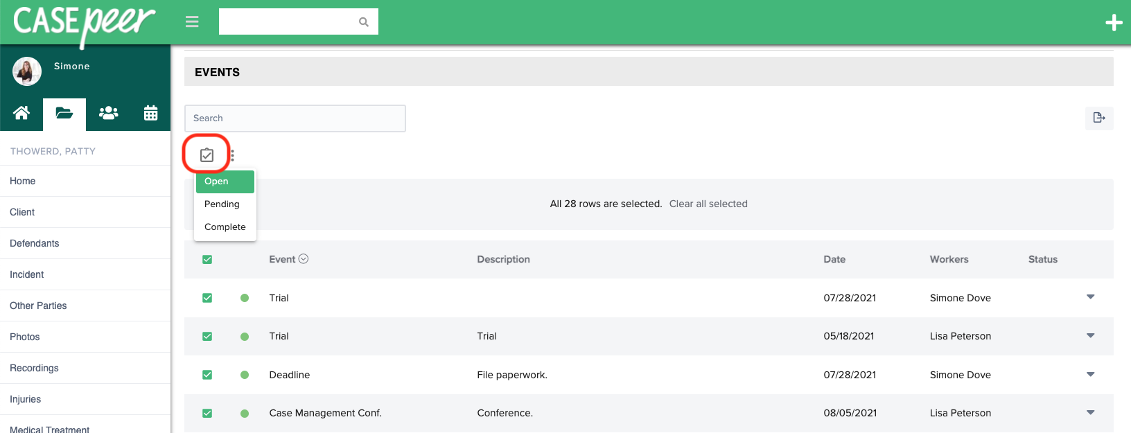 Edit Multiple Litigation Event Statuses – CASEpeer
