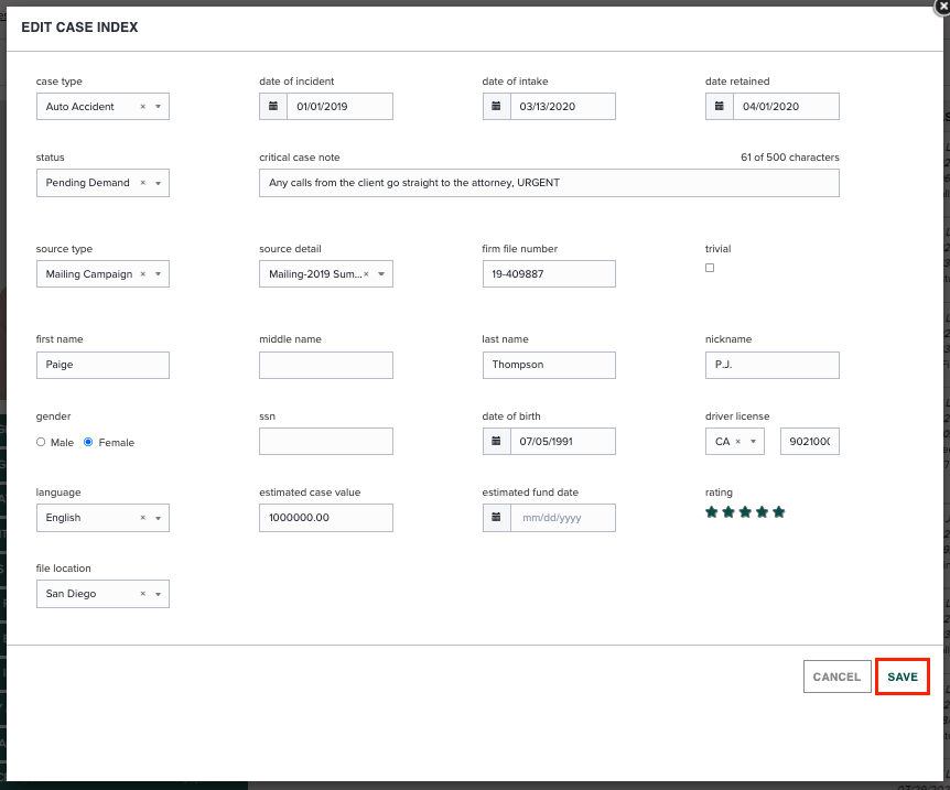 Update Case Index Information – CASEpeer