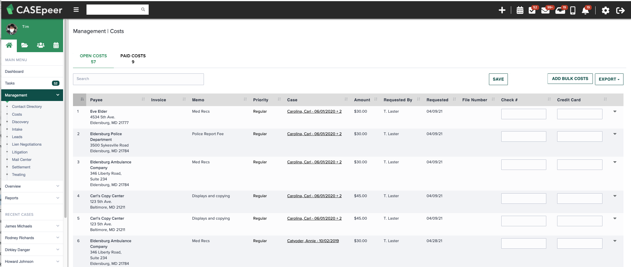 Costs Management – CASEpeer