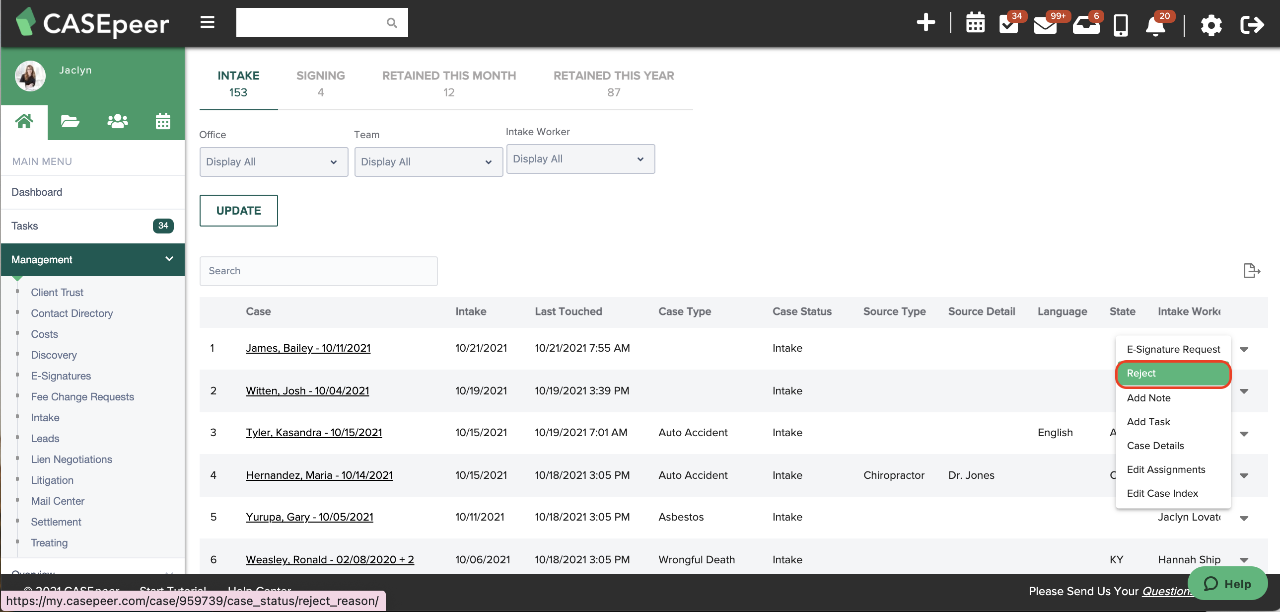 Mark a Case as Rejected – CASEpeer