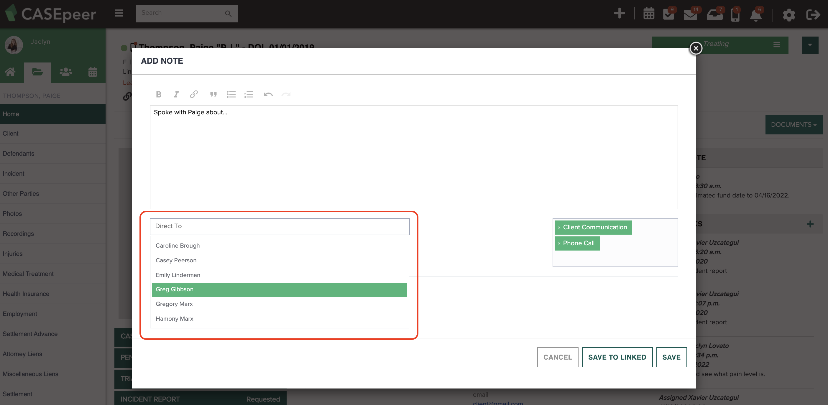 Direct a Case Note to Someone – CASEpeer
