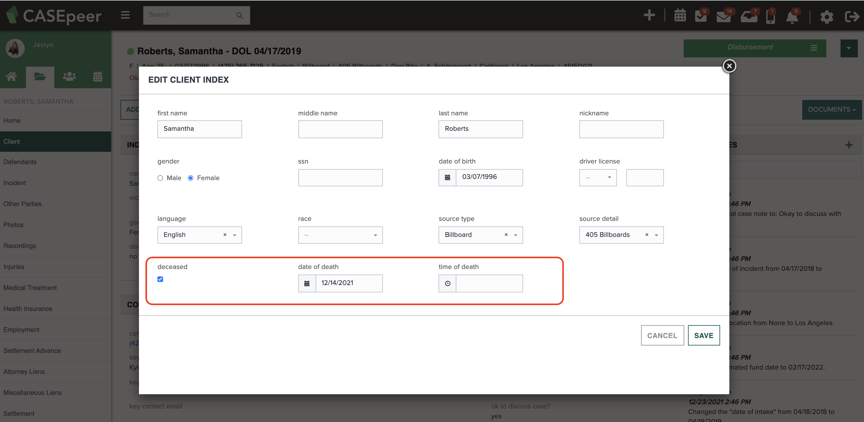 Indicate a Client is Deceased – CASEpeer