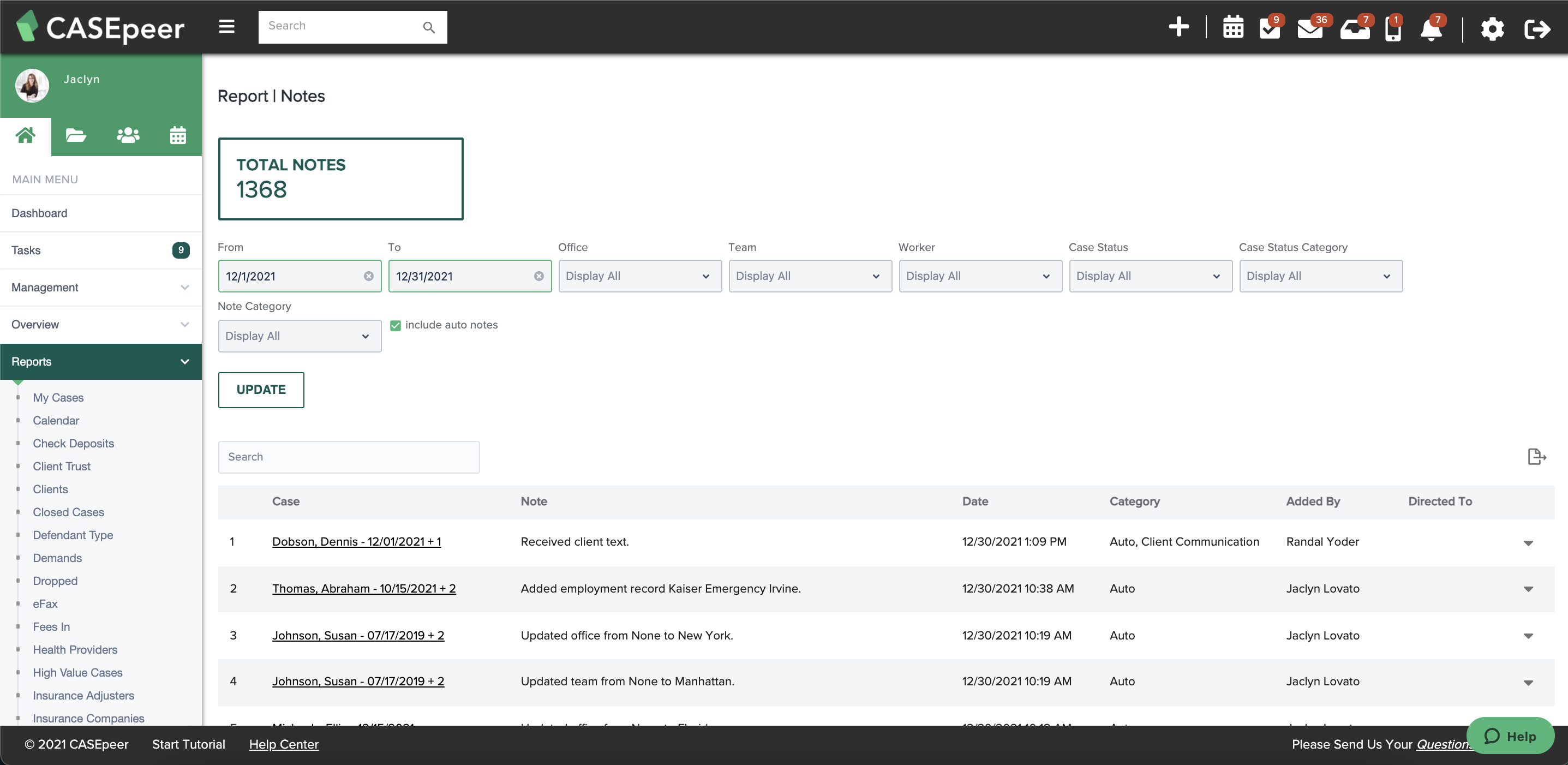 Notes Report – CASEpeer