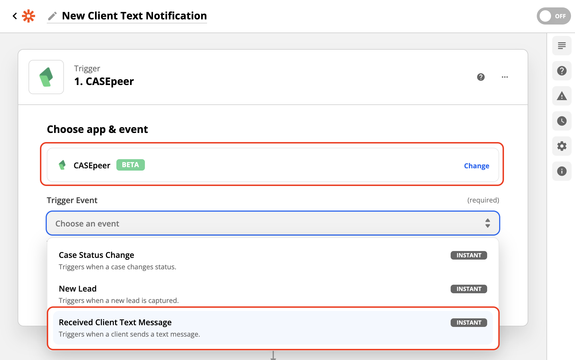 Create a Zap Using the Client Text Message Trigger – CASEpeer