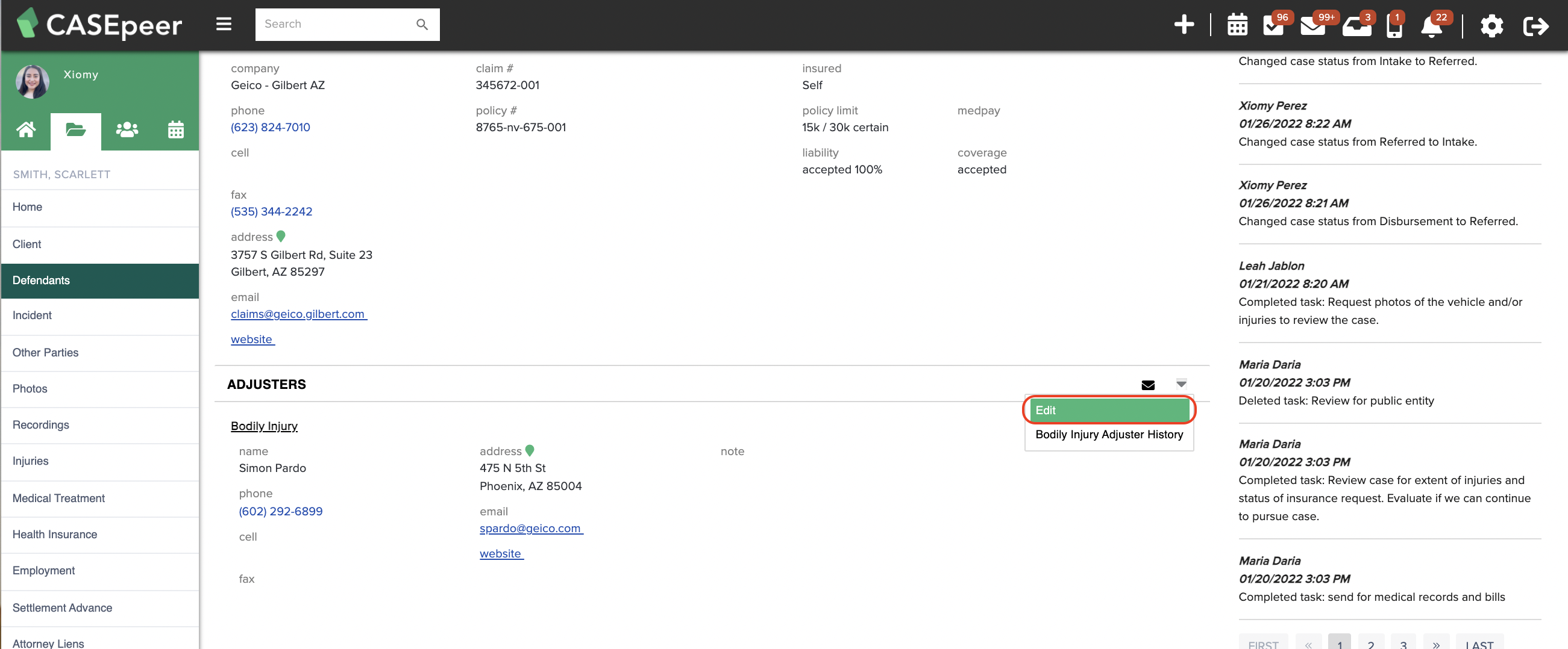 Add Adjusters to a Defendant Insurance – CASEpeer