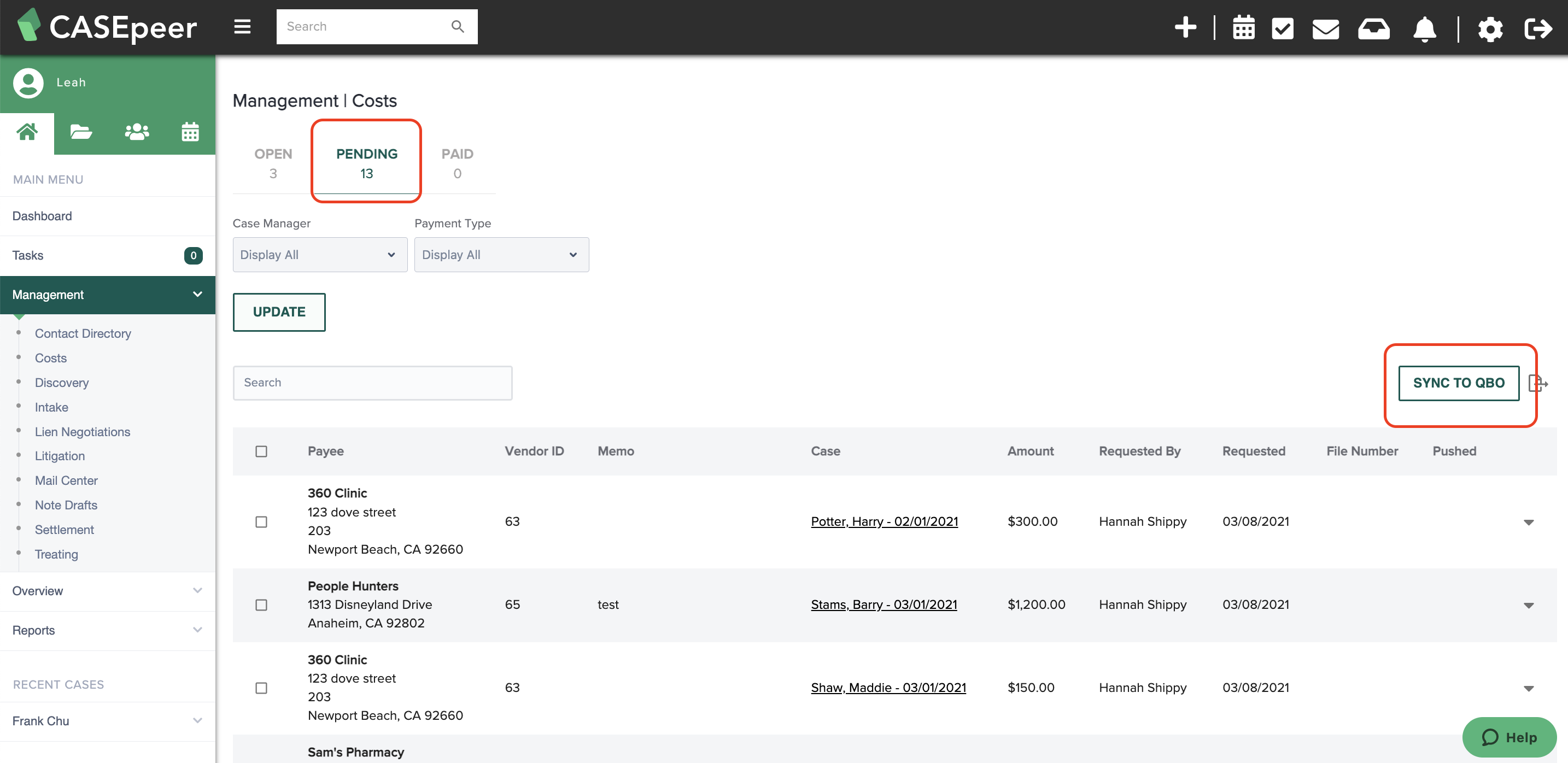 Mass Sync QBO Pending Costs – CASEpeer
