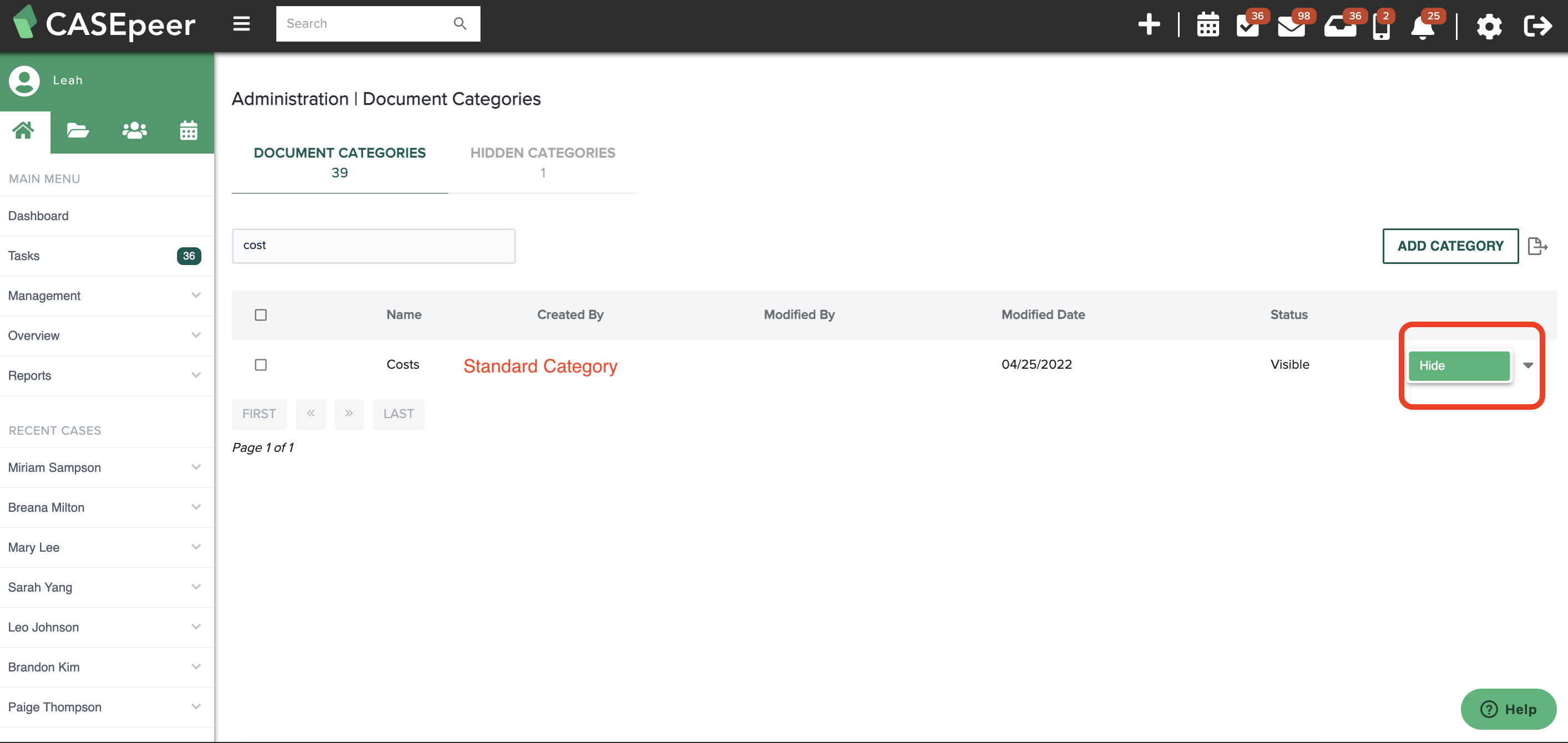 Hide Document Categories – CASEpeer