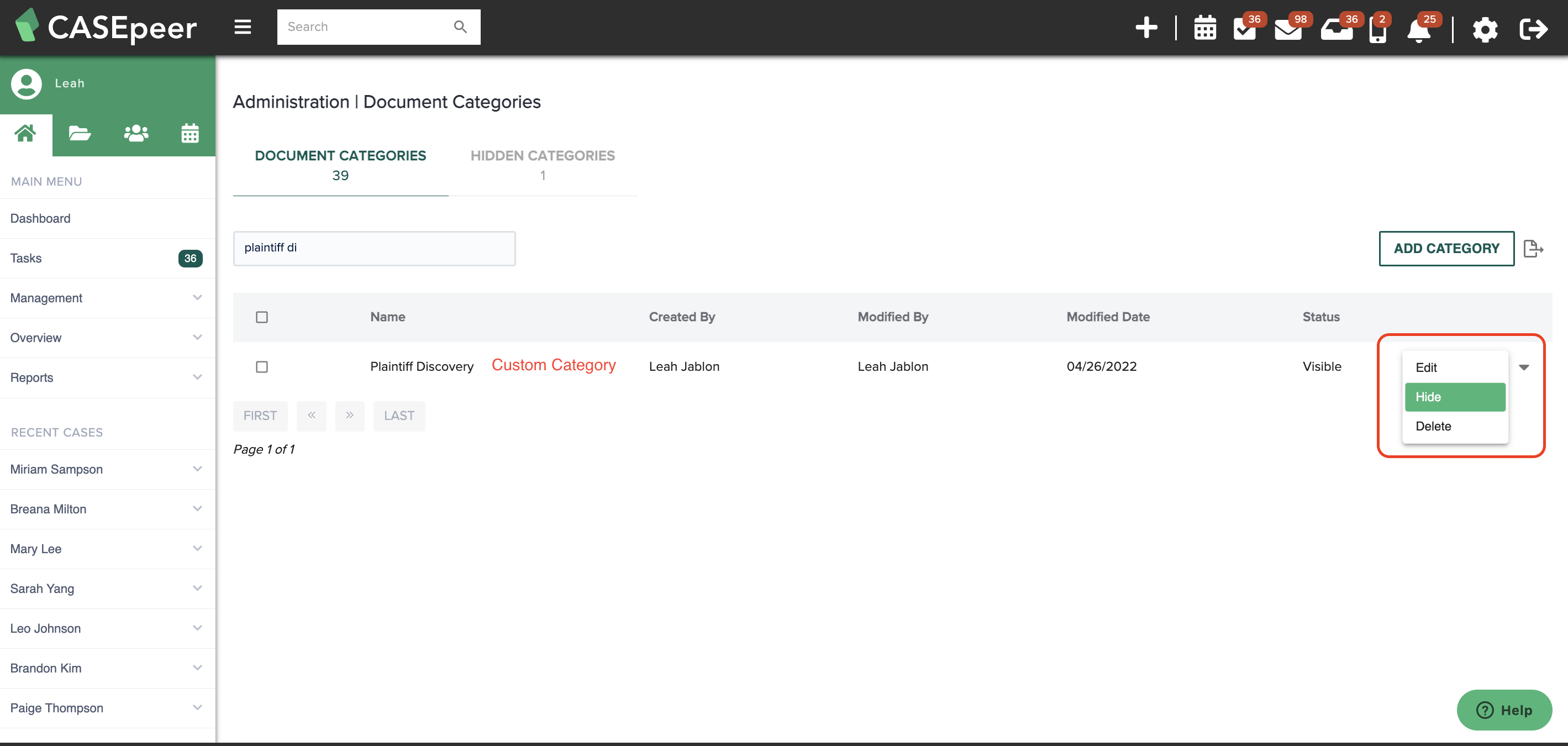Hide Document Categories – CASEpeer