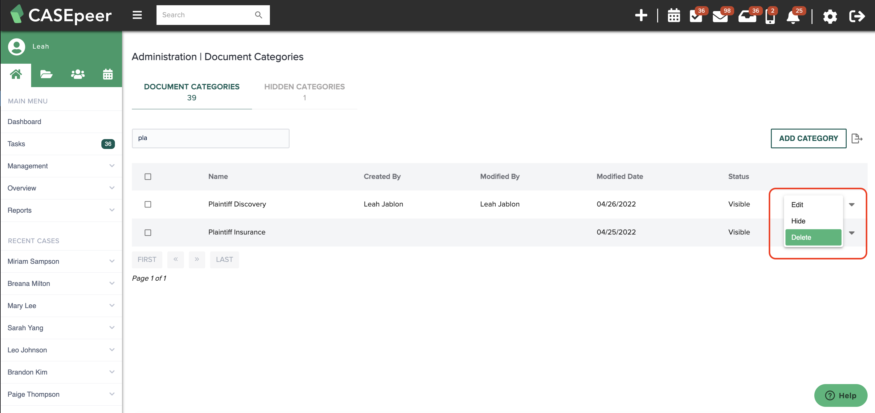 Delete Custom Document Categories – CASEpeer