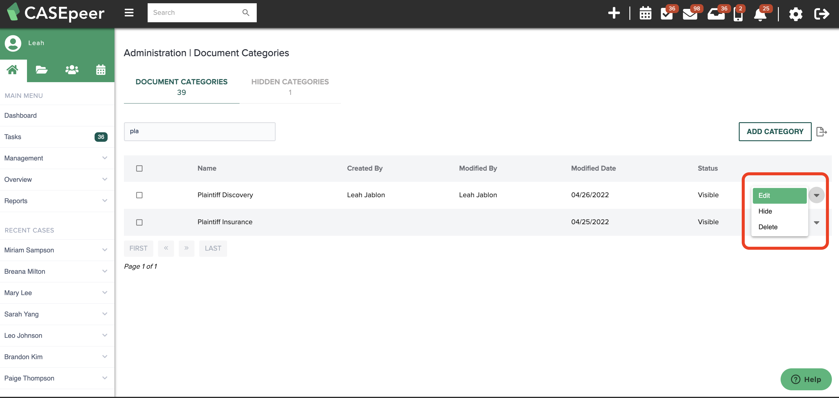 Edit Custom Document Categories – CASEpeer