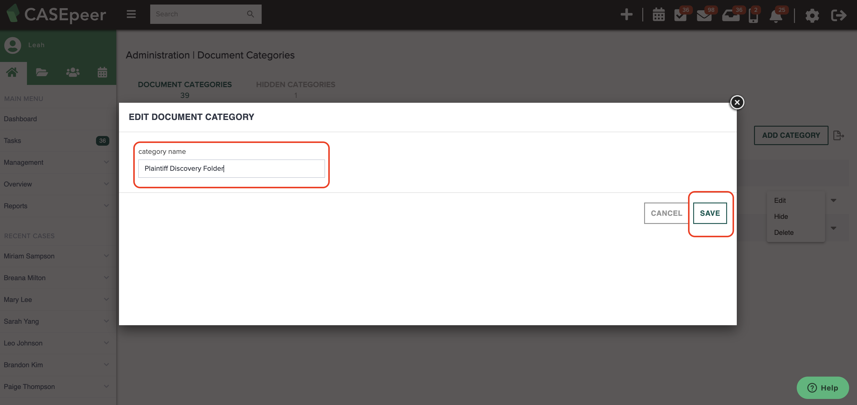 Edit Custom Document Categories – CASEpeer