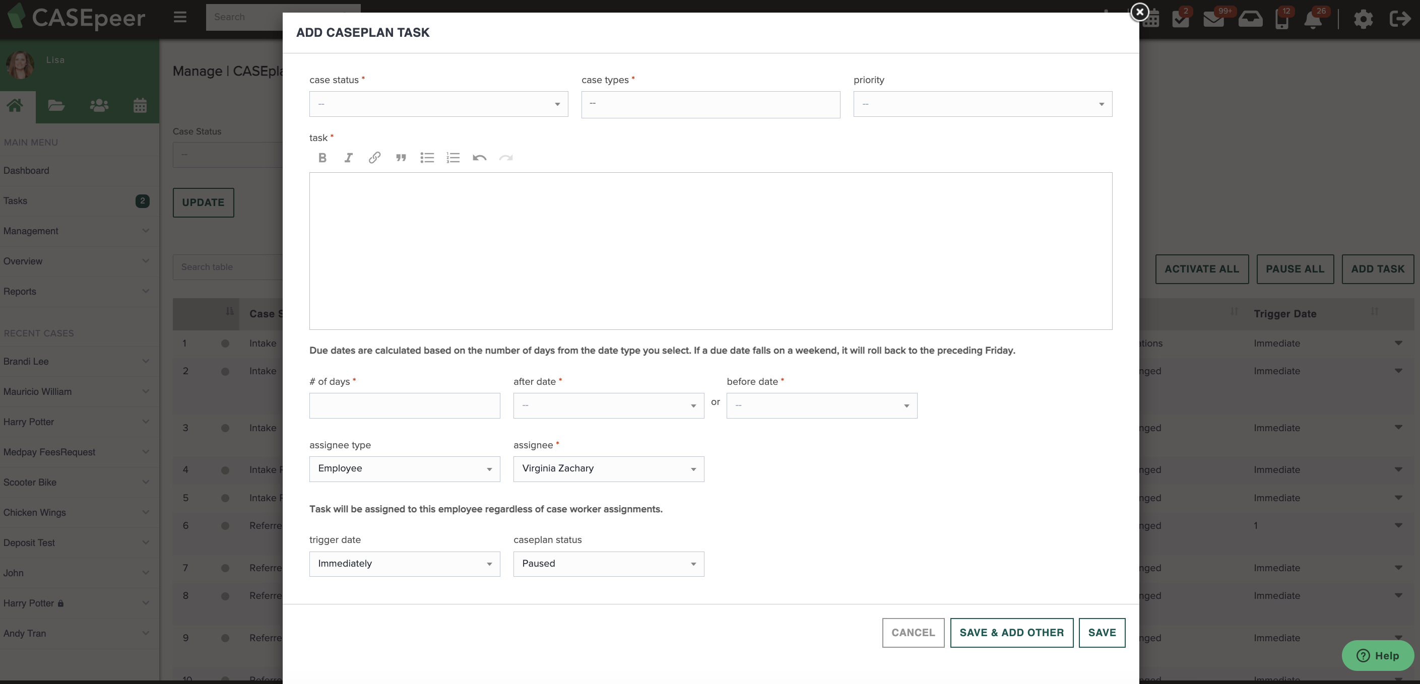 Add a New CASEplan Task – CASEpeer