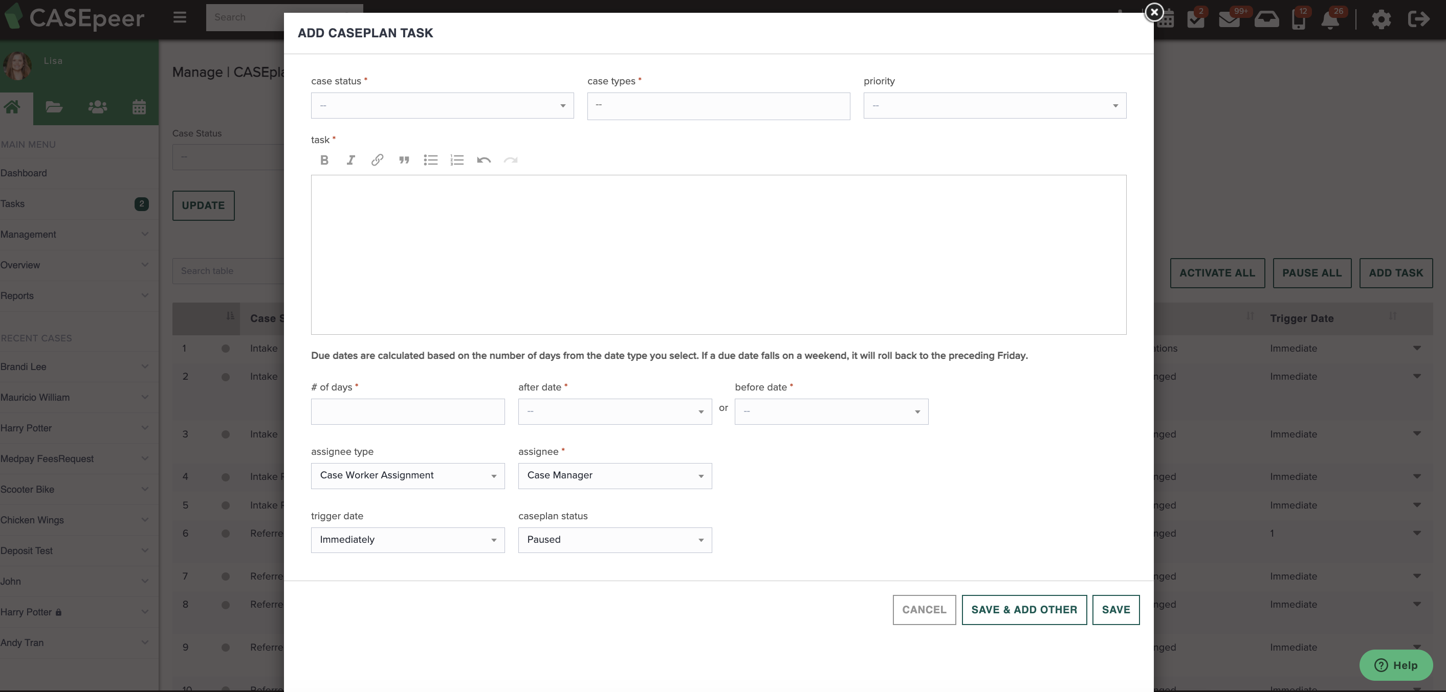 Add a New CASEplan Task – CASEpeer