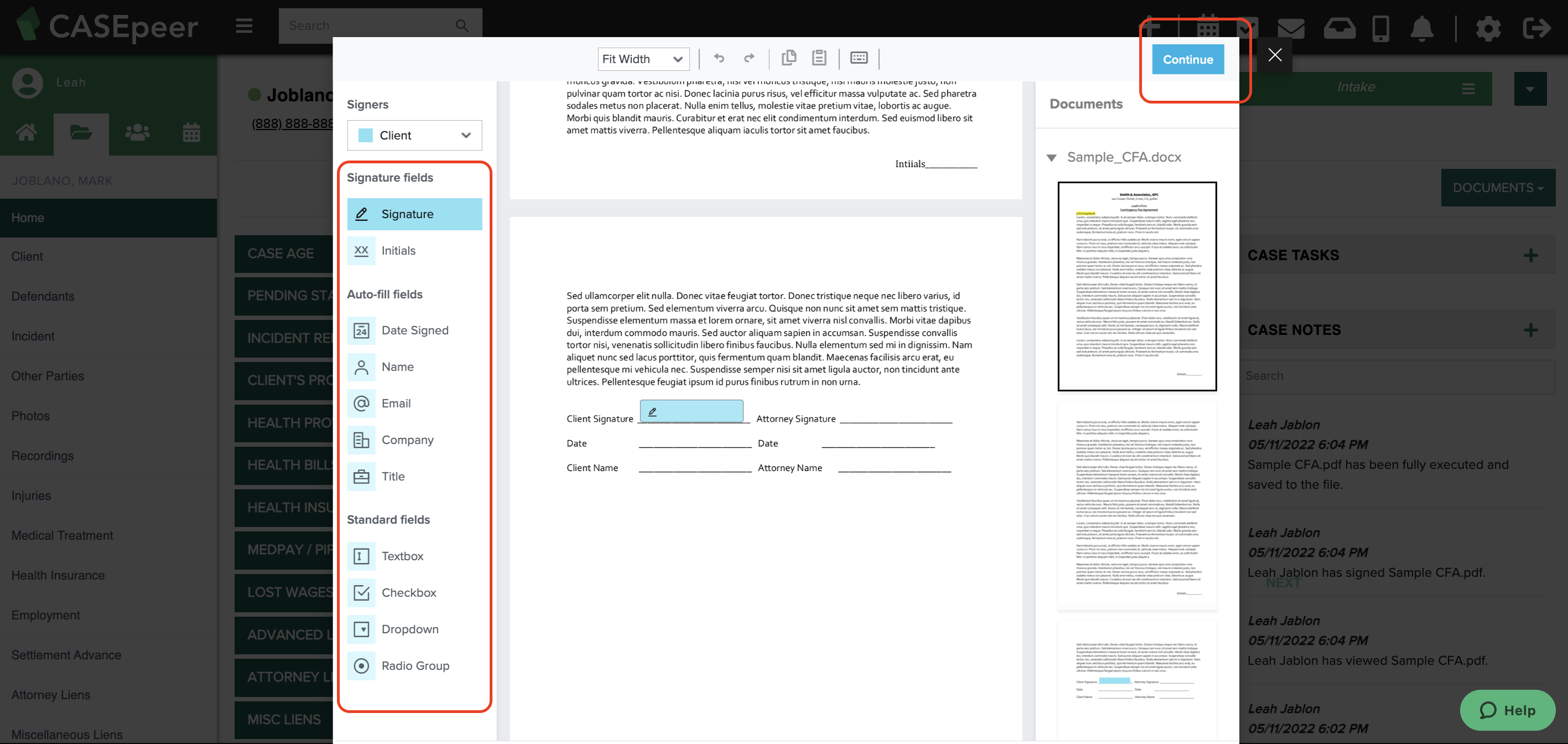 Send Single Use E-Signature Document – CASEpeer