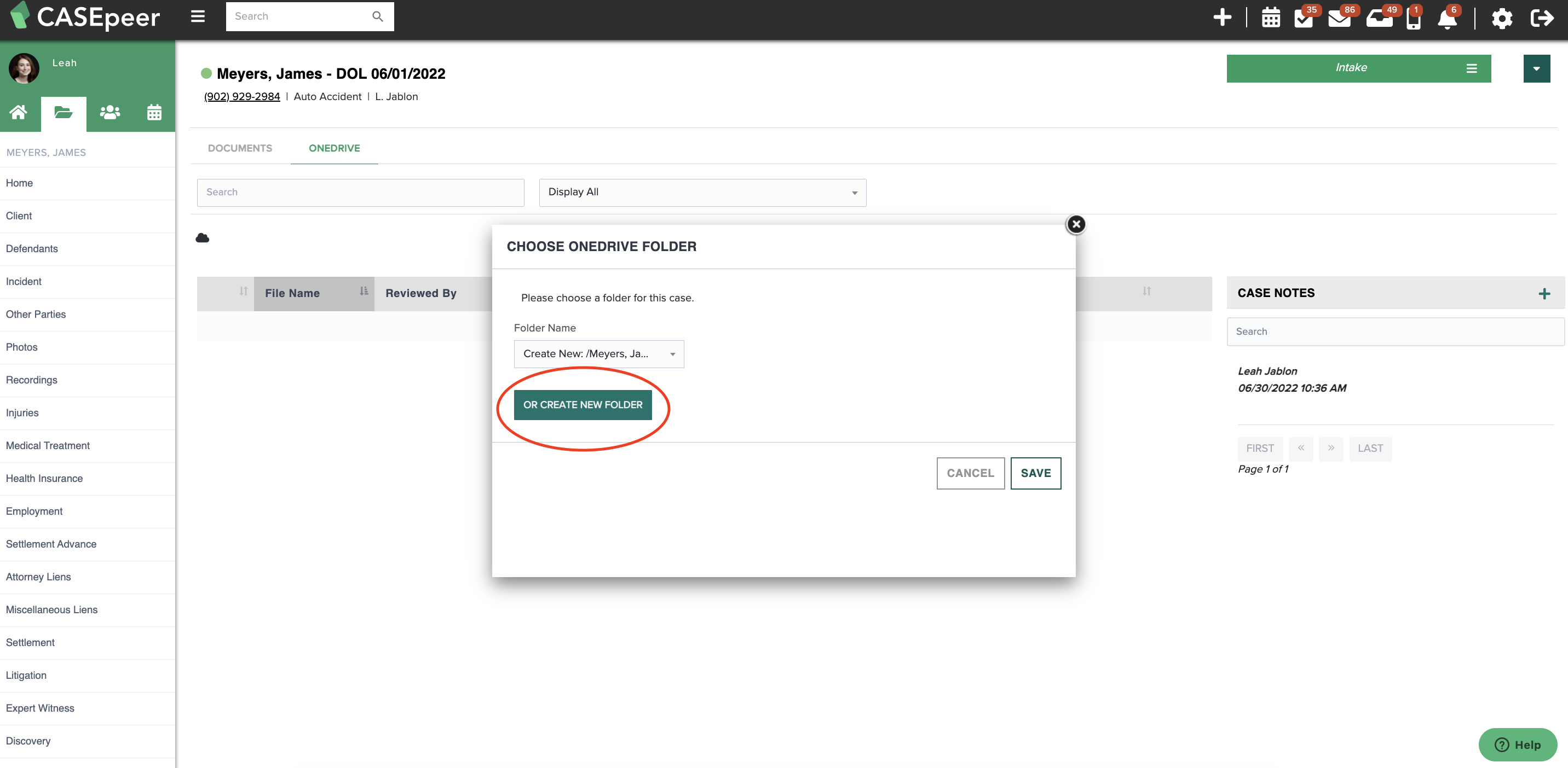 Create a New OneDrive Folder for a Case – CASEpeer