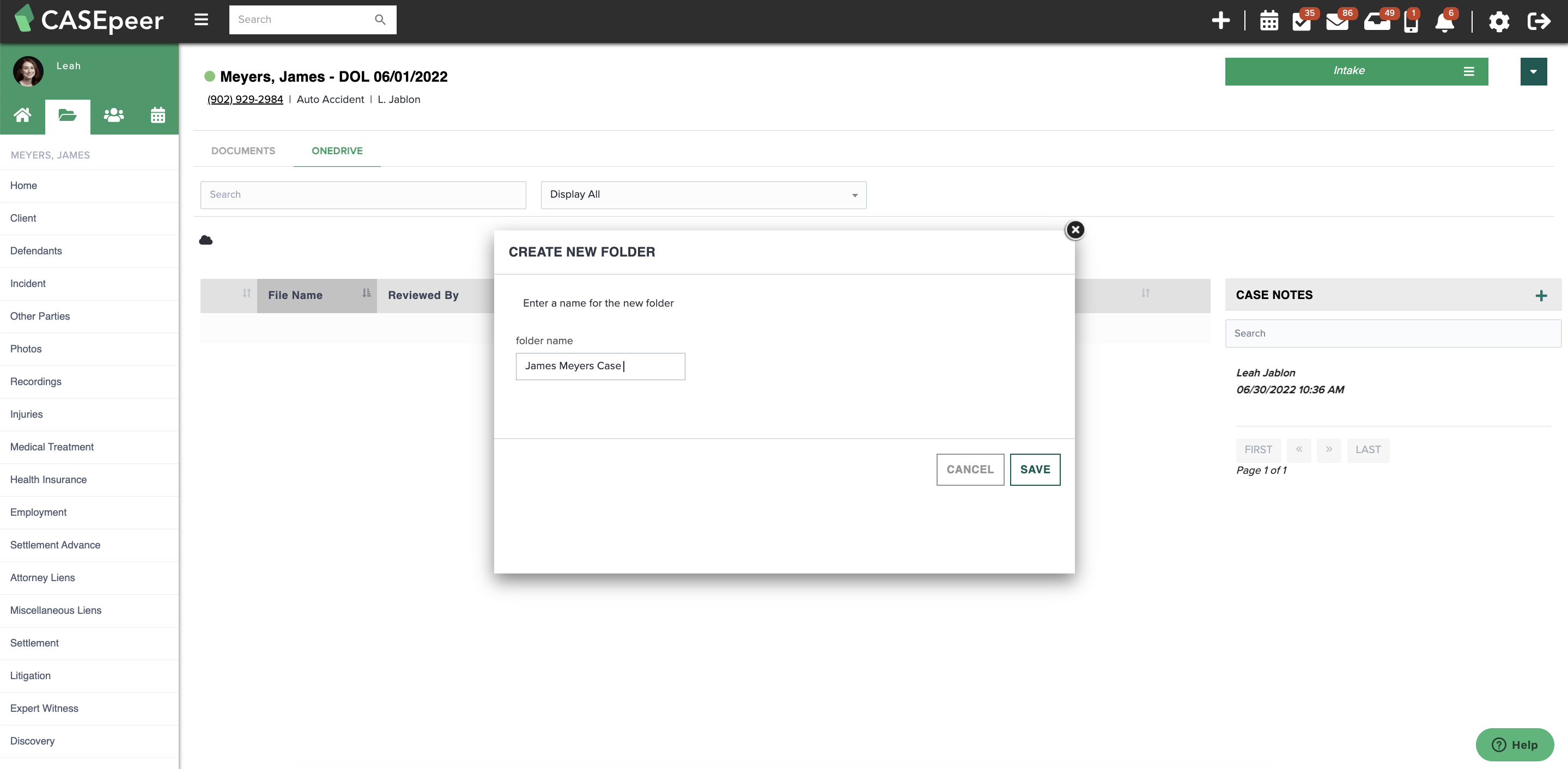 Create a New OneDrive Folder for a Case – CASEpeer
