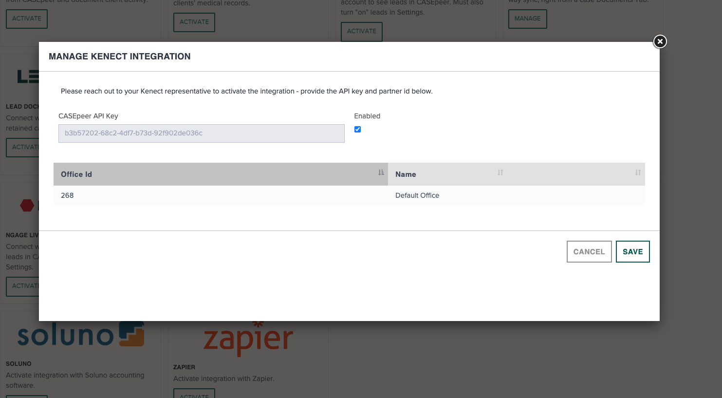 Activate the Kenect Integration – CASEpeer